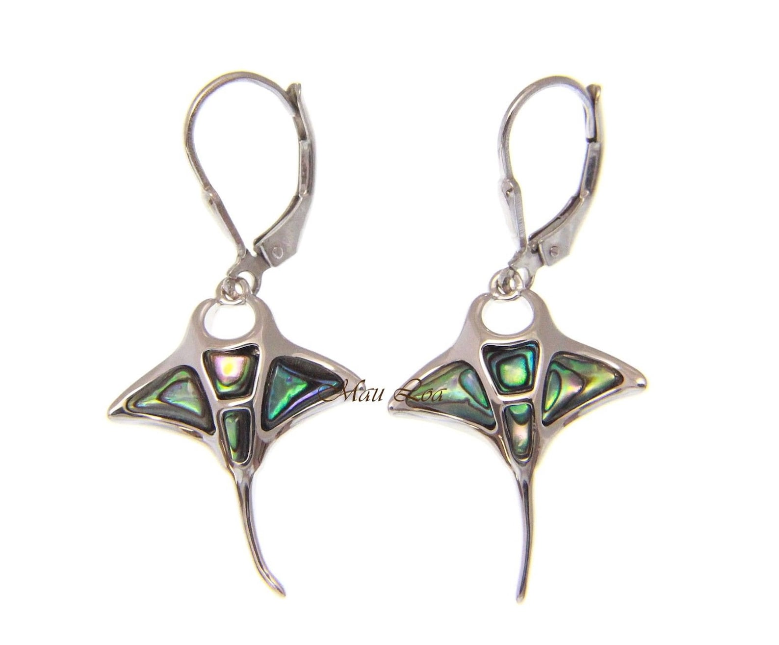 925 Sterling Silver Hawaiian Manta Ray Abalone Paua Shell Leverback ...