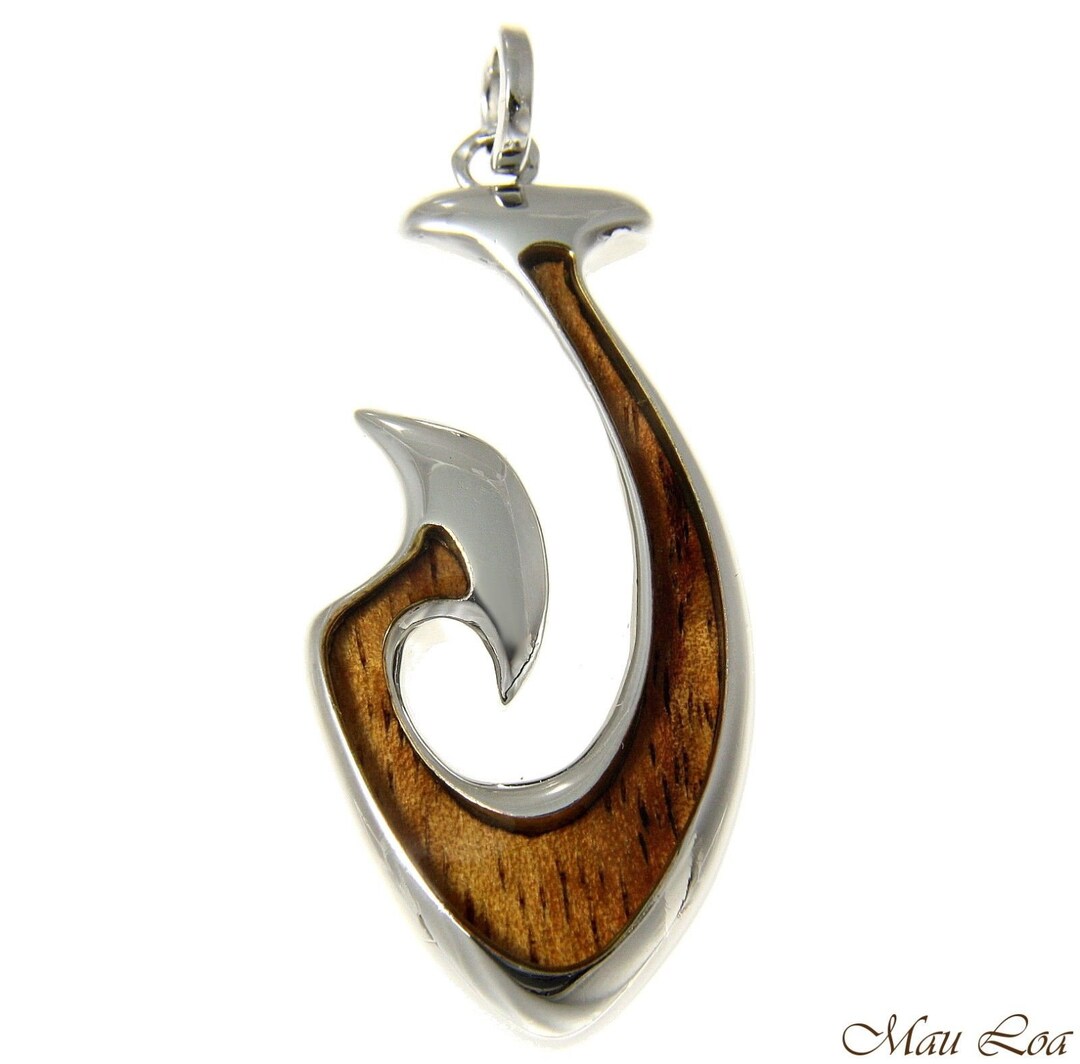Koa Wood Hawaiian Wave Fish Hook Rhodium Silver Plated Brass Reversible ...