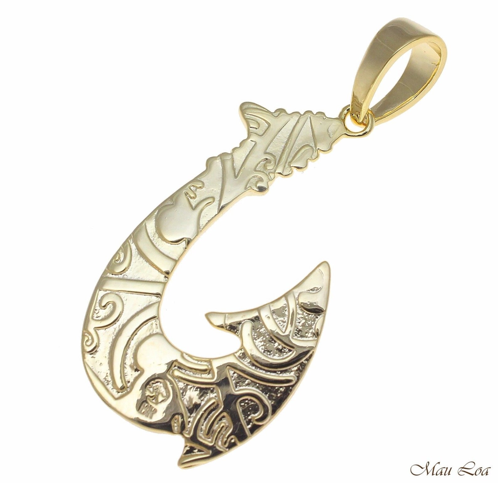 Koa Wood Hawaiian Wave Fish Hook Yellow Gold Plated Brass Reversible ...