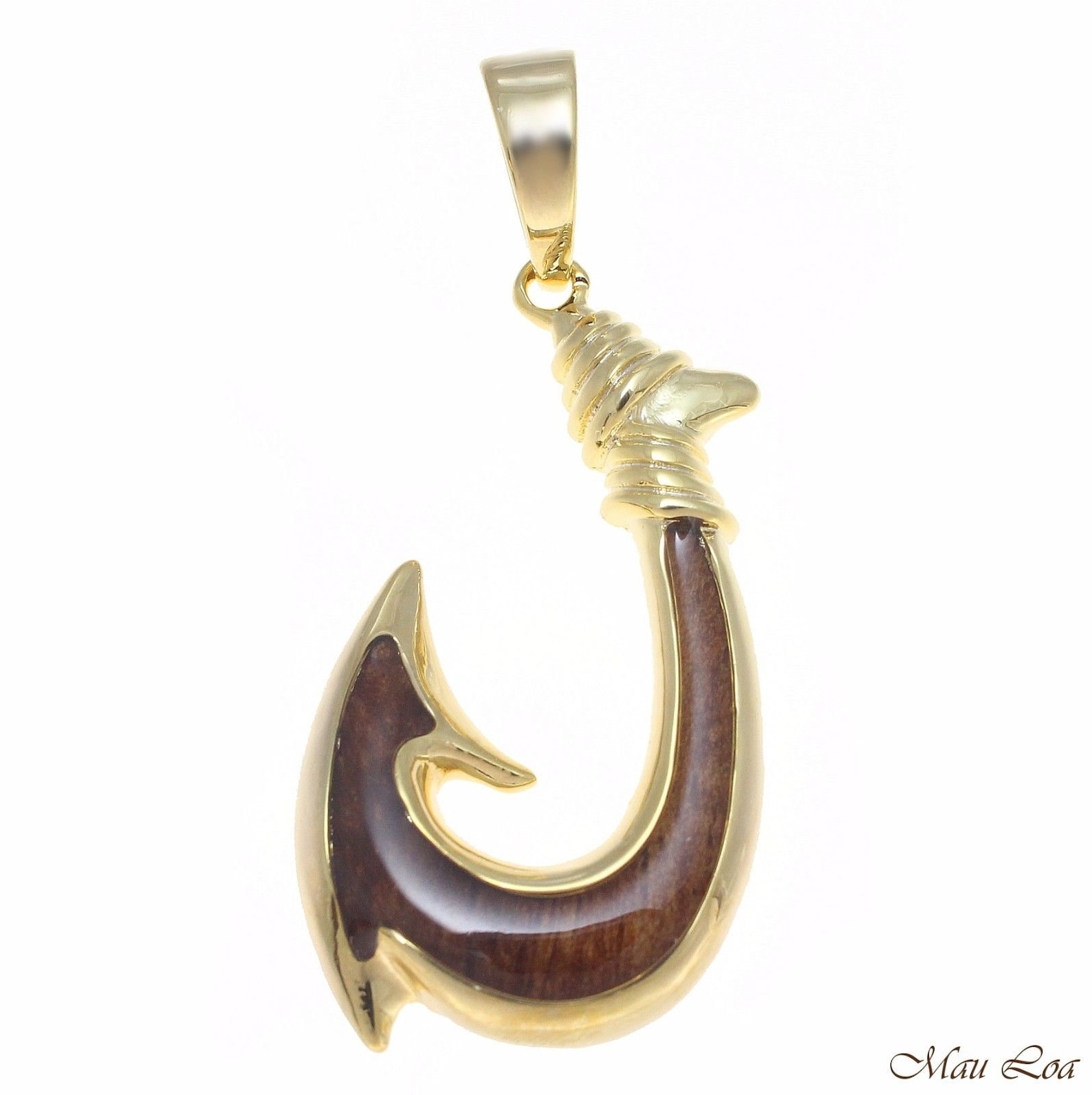 Koa Wood Hawaiian Wave Fish Hook Yellow Gold Plated Brass Reversible ...