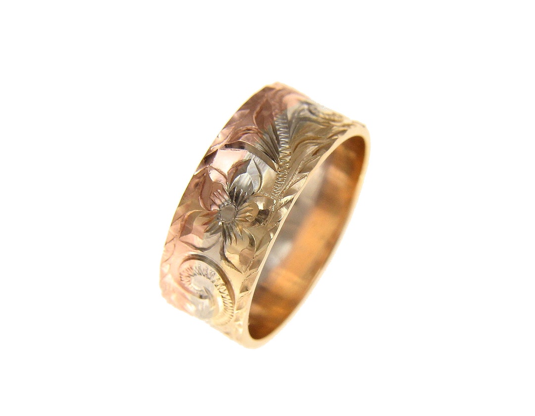 14k Yellow White Rose Tricolor Gold Hand Engraved Hawaiian Plumeria ...