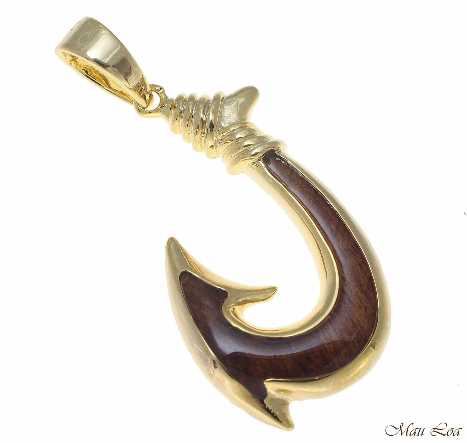 Koa Wood Hawaiian Wave Fish Hook Yellow Gold Plated Brass Reversible ...