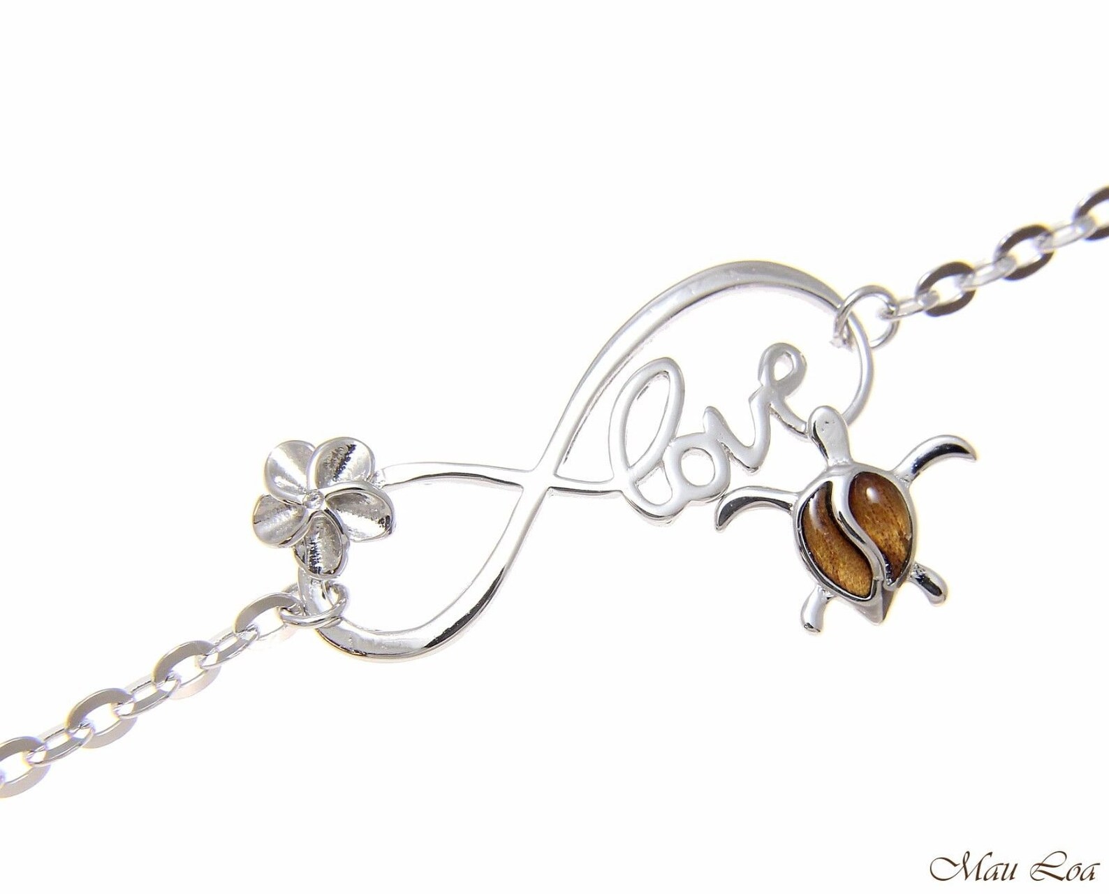 925 Silver Rhodium Infinity Love Honu Plumeria Hawaiian Koa Wood Anklet ...