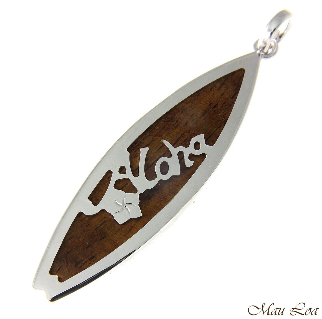 Koa Wood Hawaiian Scroll Aloha Plumeria Surfboard Rhodium Silver Brass ...