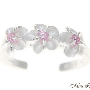 925 Sterling Silver Hawaiian Triple Plumeria Flower Pink CZ Open Toe ...