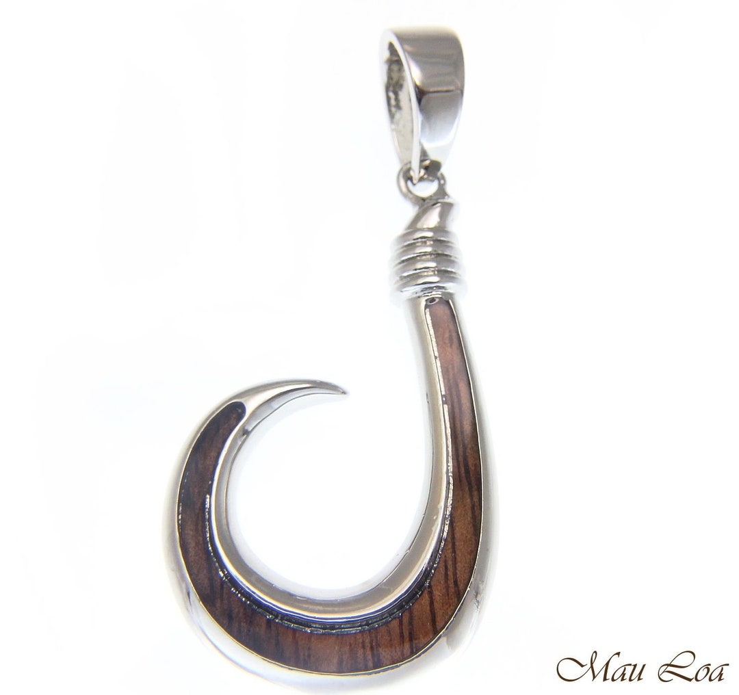 Koa Wood Hawaiian Wave Fish Hook Rhodium Silver Plated Brass Reversible ...