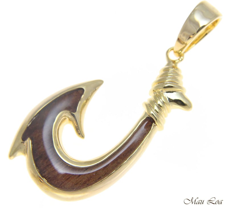 Koa Wood Hawaiian Wave Fish Hook Yellow Gold Plated Brass Reversible ...