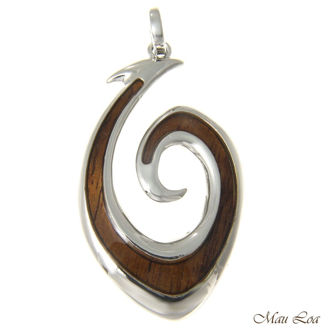 Koa Wood Hawaiian Wave Fish Hook Rhodium Silver Plated Brass Reversible ...