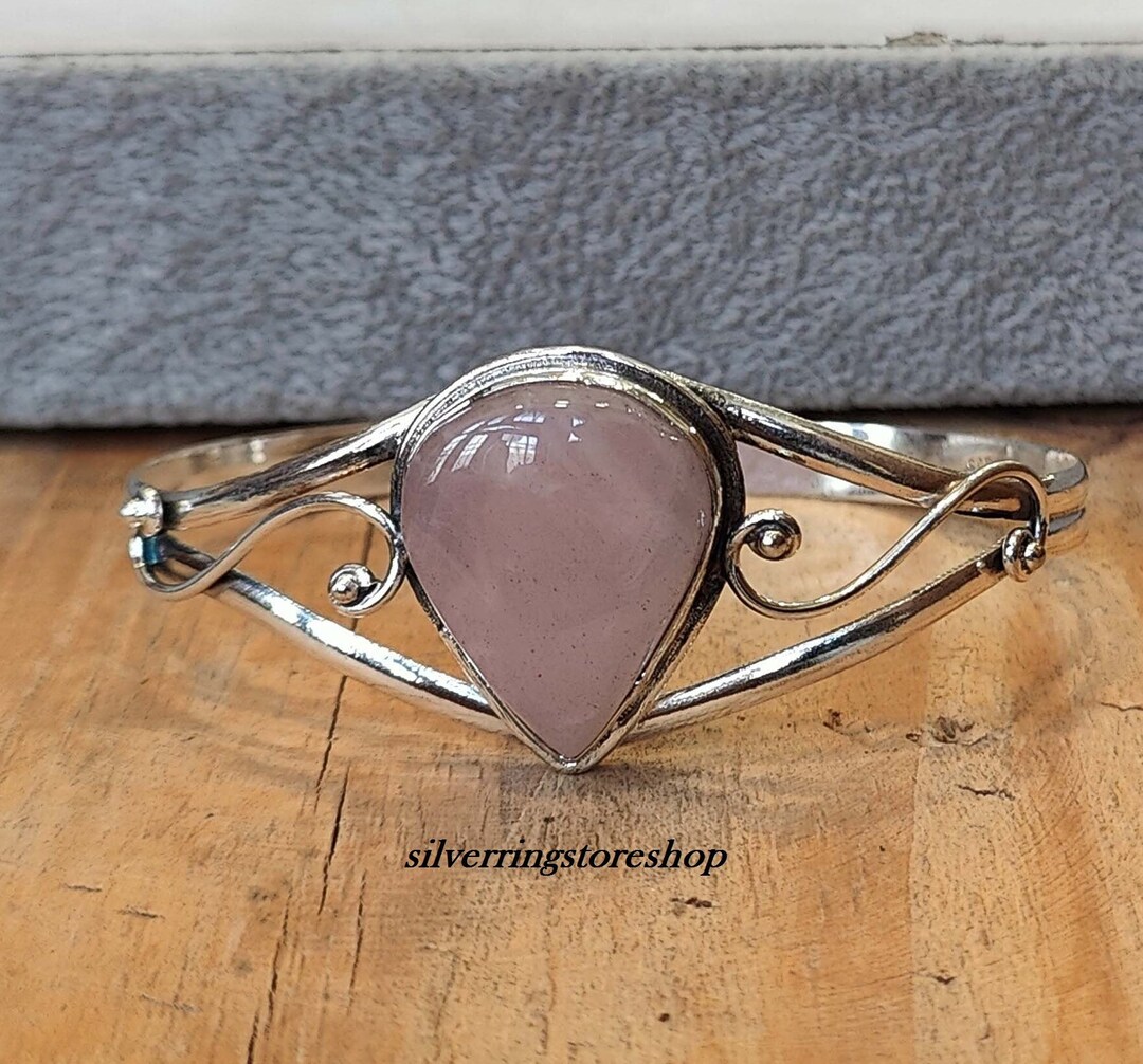 Rose Quartz Bangle, Adjustable Bangle, 925 Solid Sterling Silver Bangle ...