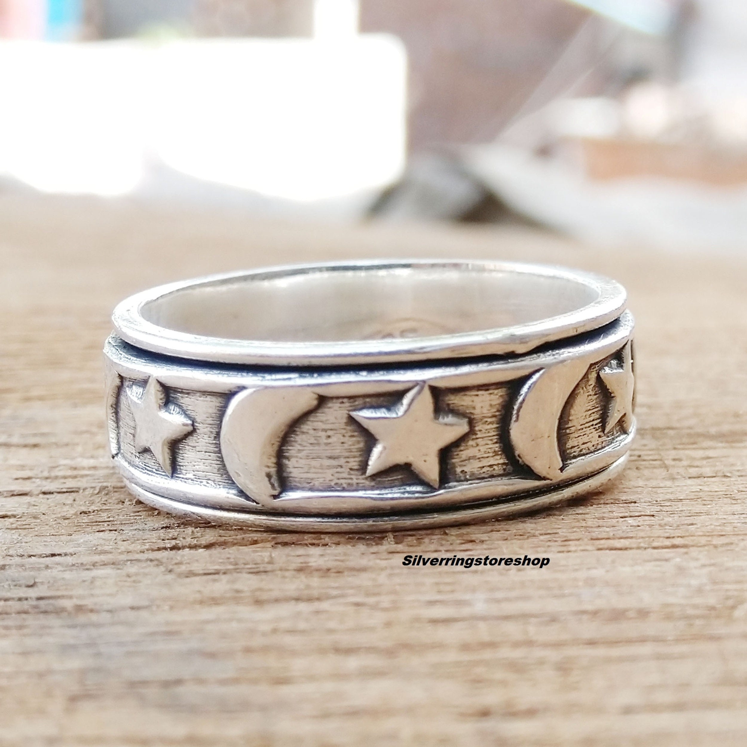 Spinner RingMoon & Star Design Ring 925-Sterling Silver | Etsy