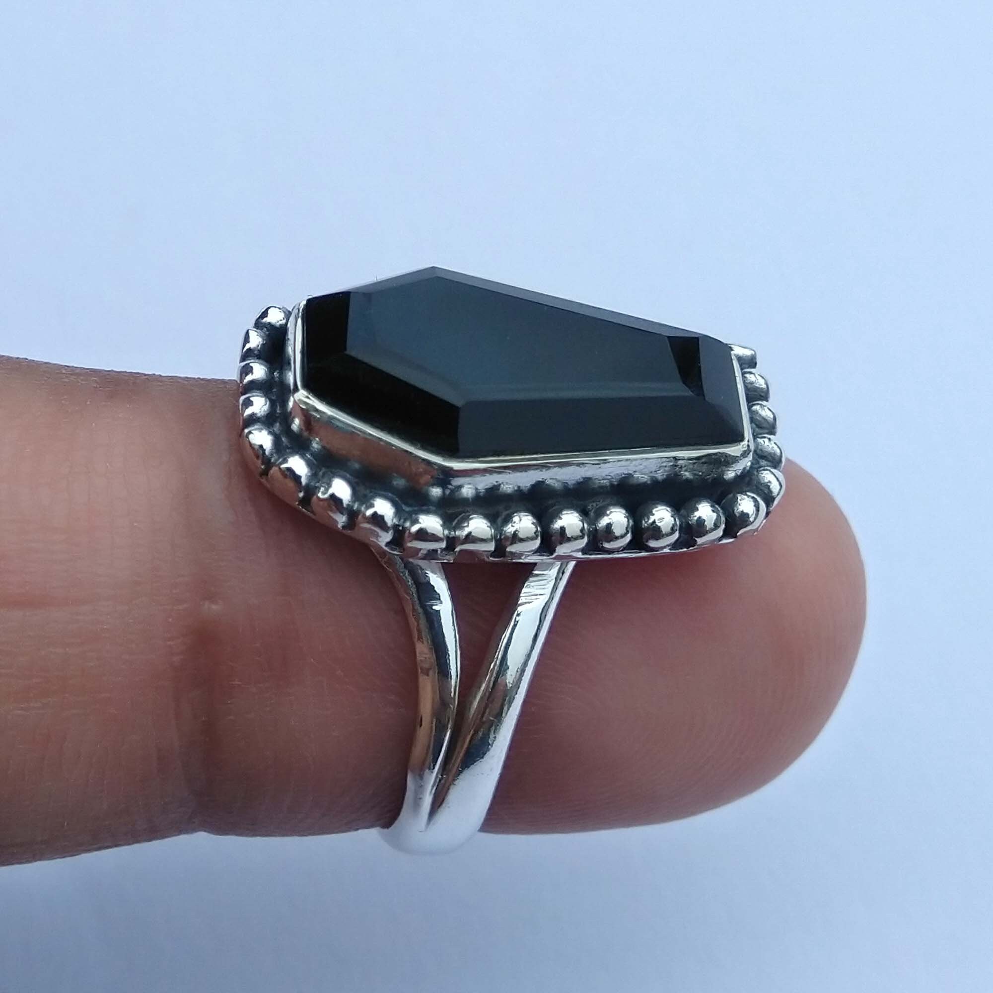 Coffin Ring, Black Onyx Gemstone Coffin Ring, Solid 925 Sterling Silver ...