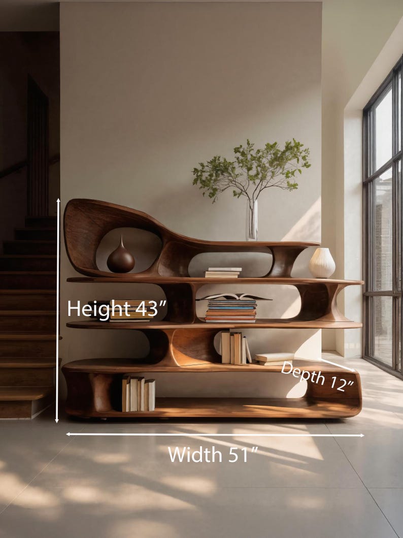 Modern Sculptural Wooden Standing Shelf With Organic Handcrafted Design ...