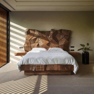 Modern Geometric Wood Headboard and Bed Frame With Faceted Sculptural ...