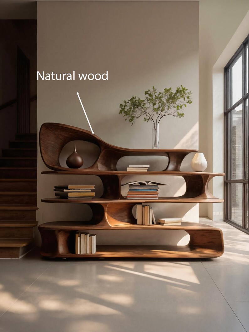 Modern Sculptural Wooden Standing Shelf With Organic Handcrafted Design ...