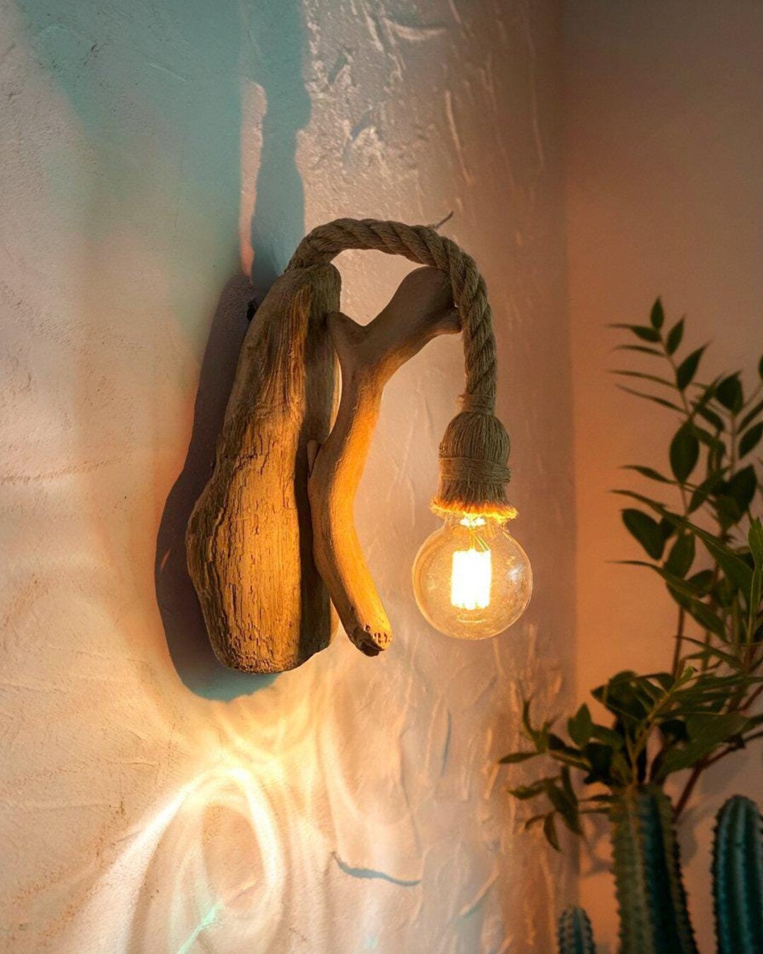 Rustic Driftwood Wall Light, Natural Wood & Rope Wall Lamp, Living Room ...