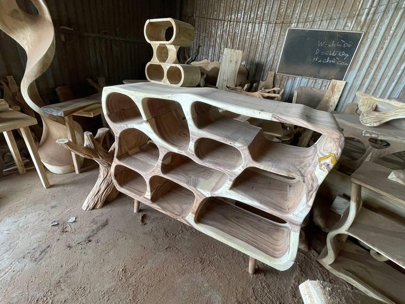 Modern Sculptural Wooden Standing Shelf With Organic Handcrafted Design ...