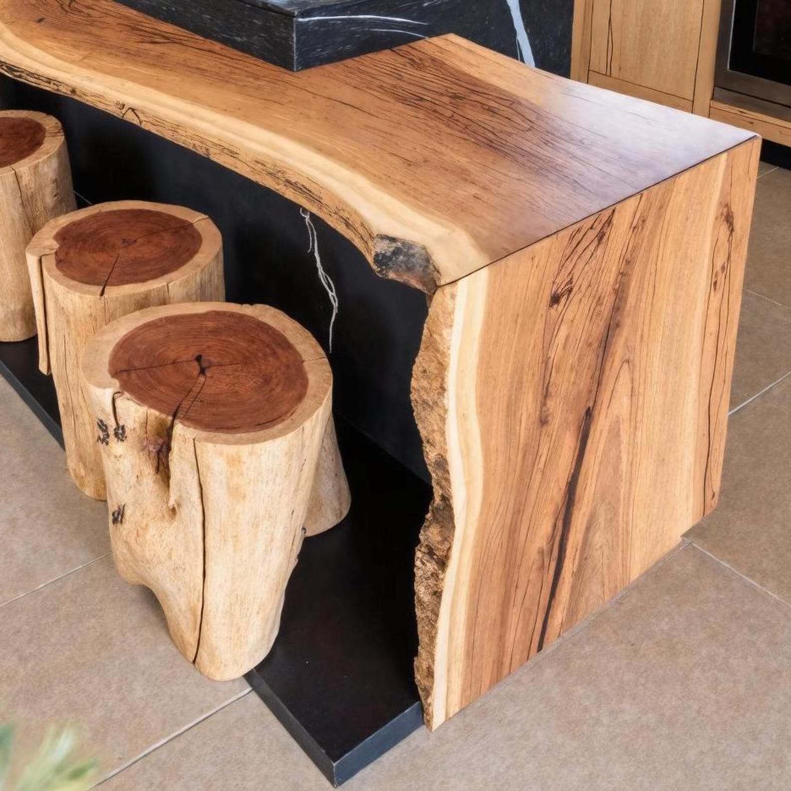 Modern Live Edge Bar Countertop With Tree Stump Stools for Open Kitchen ...