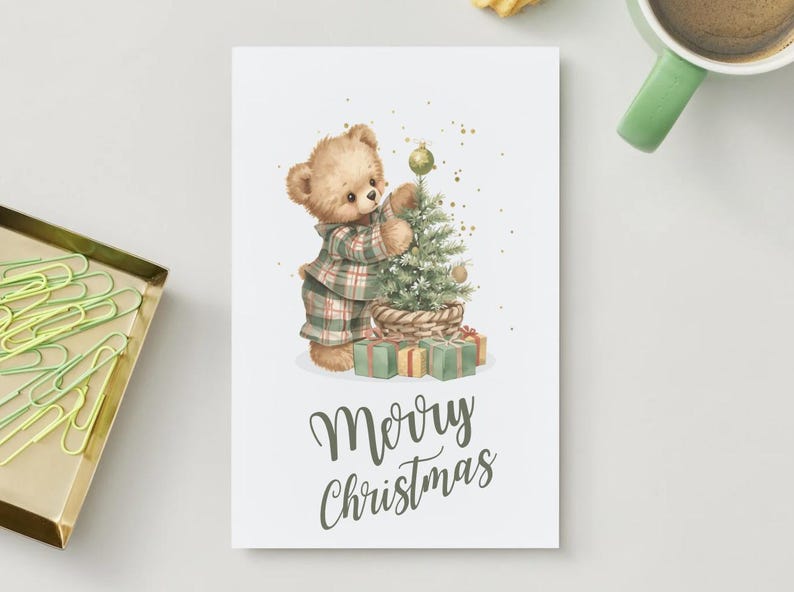Teddy Bear Christmas Card Printable – Cute Holiday Bear Art – Merry ...