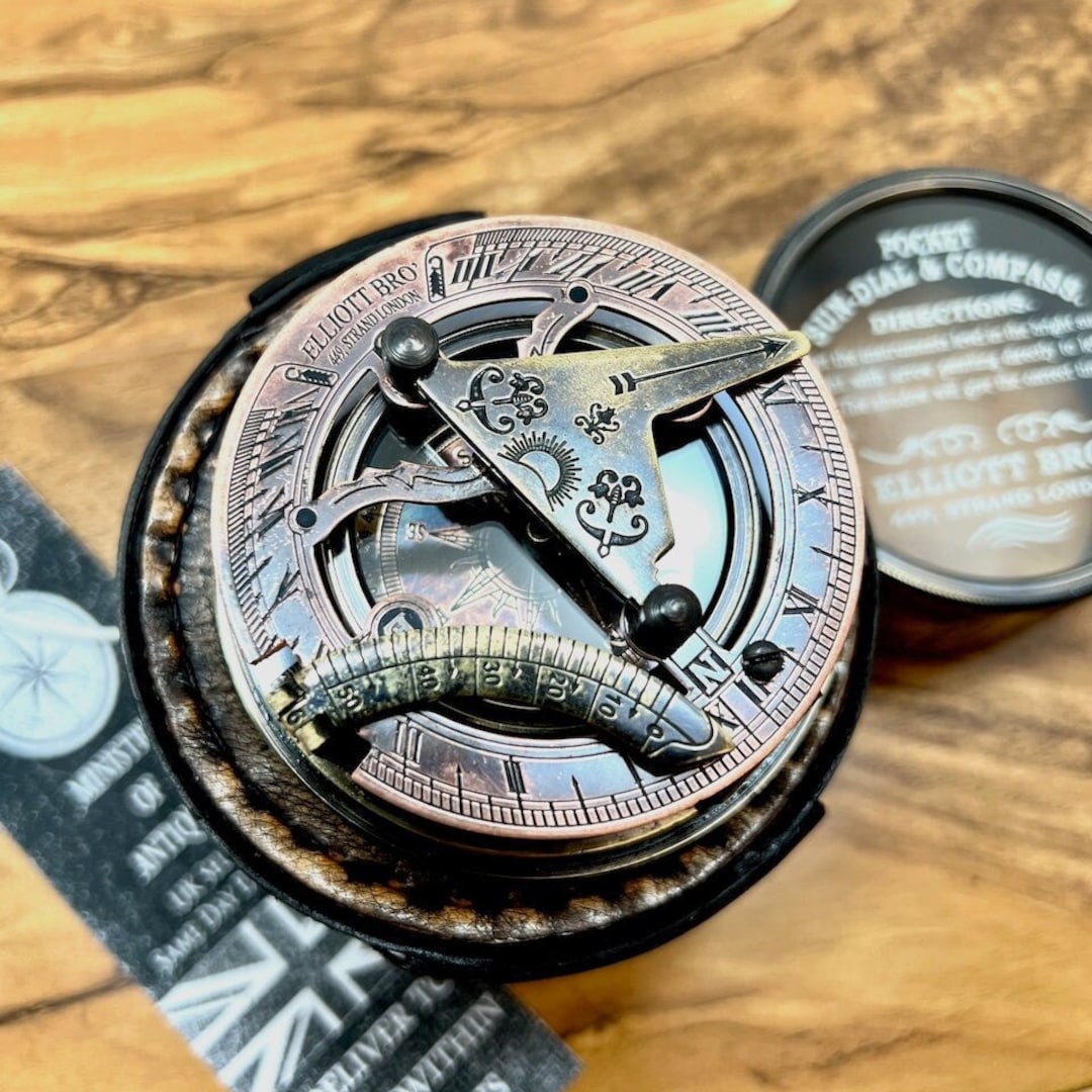Sundial Calendar Pocket Compass With Leather Case Vintage Nautical ...