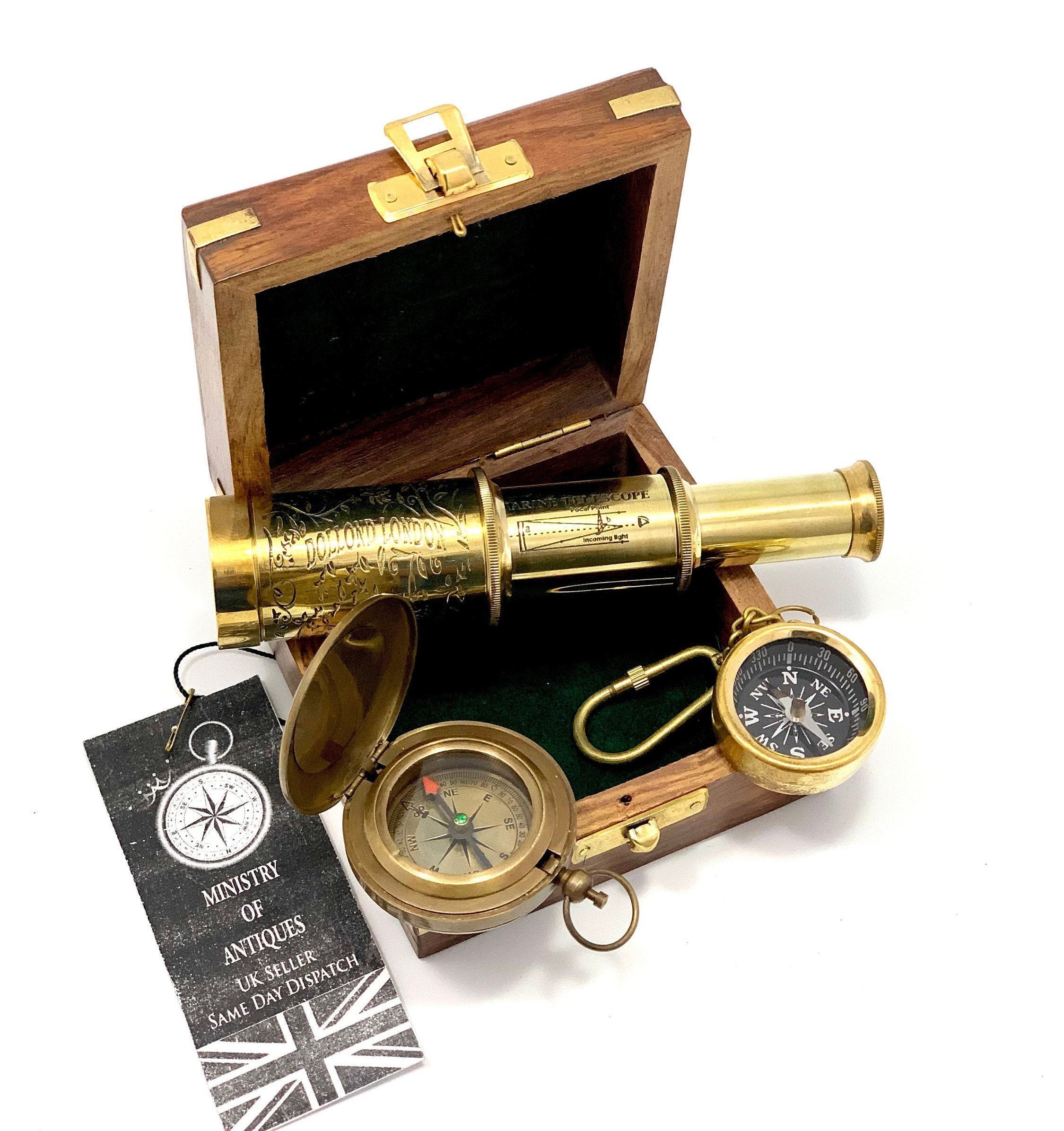Antique Nautical Gift Set Brass Compass , Compass Key Ring and Engraved ...