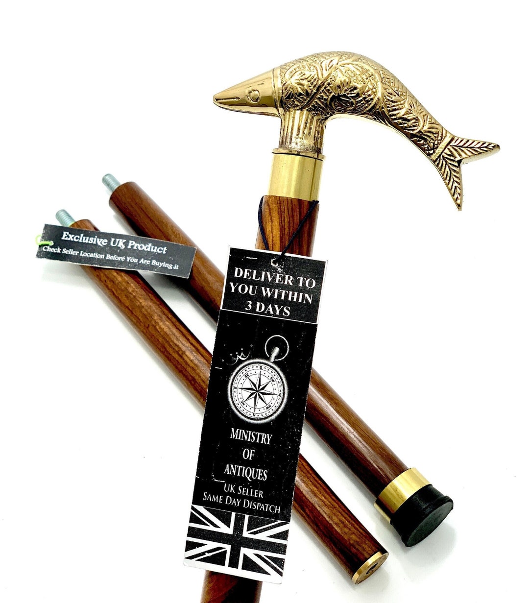 Fish Handle Solid Brass Stylish Hard Wood Folding Walking Stick Vintage ...