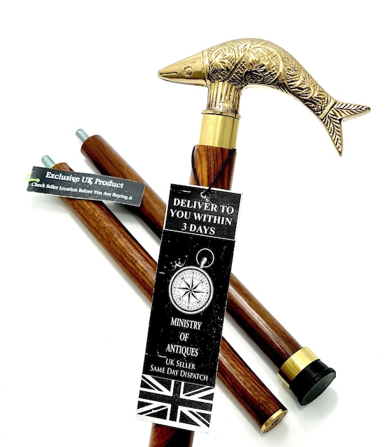 Fish Handle Solid Brass Stylish Hard Wood Folding Walking | Etsy