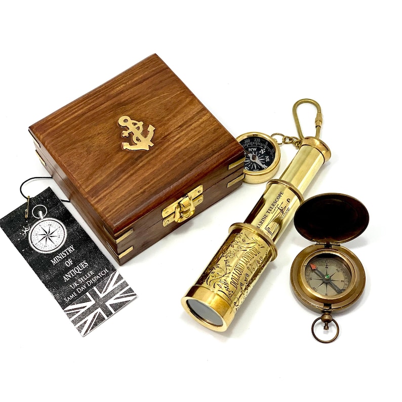 Antique Nautical Gift Set Brass Compass , Compass Key Ring and Engraved ...