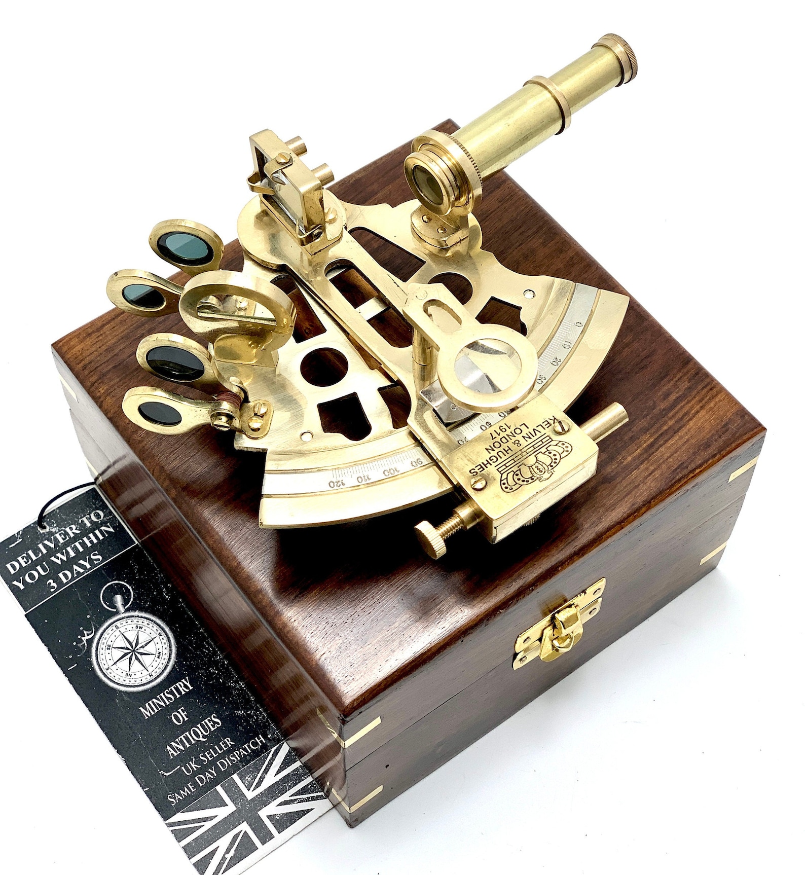 4.5" Inch Large Brass Sextant With Hardwood Box - Nautical Navigation ...