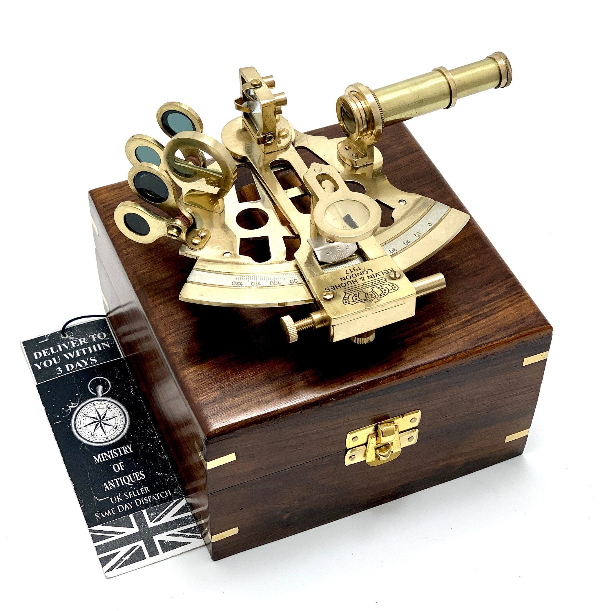 4.5" Inch Large Brass Sextant With Hardwood Box - Nautical Navigation ...