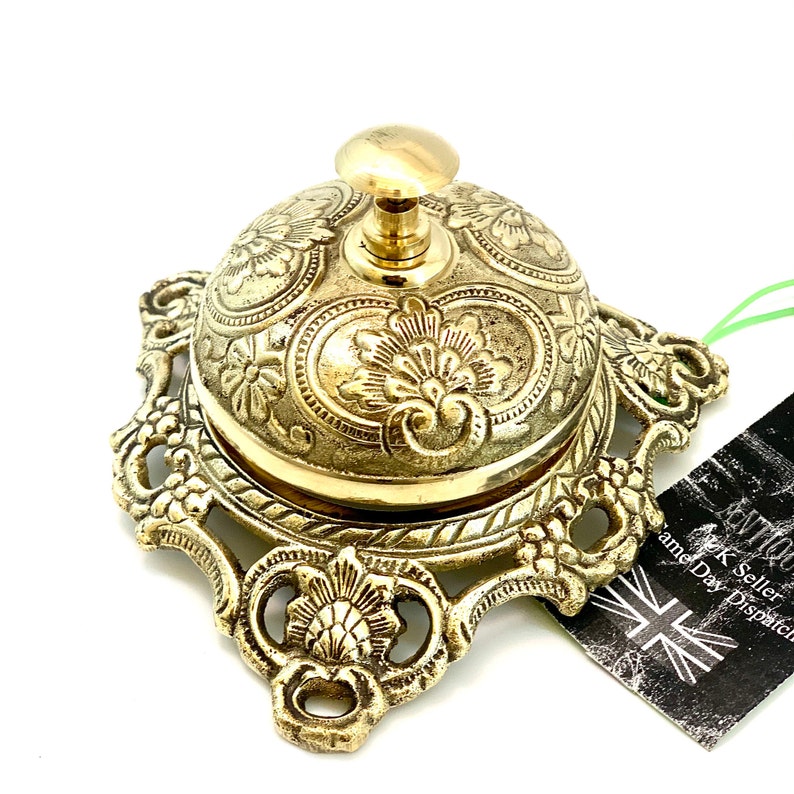 Vintage Embossed Table Desk Bell Shiny Brass Finish Bell Reception ...