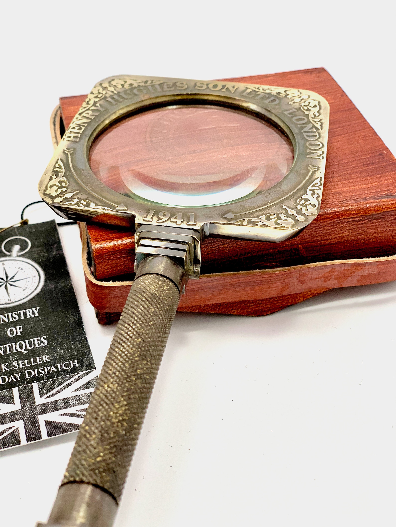 Antique Brass Henry Hughes & Sons Magnifying Glass Leather Case Table ...