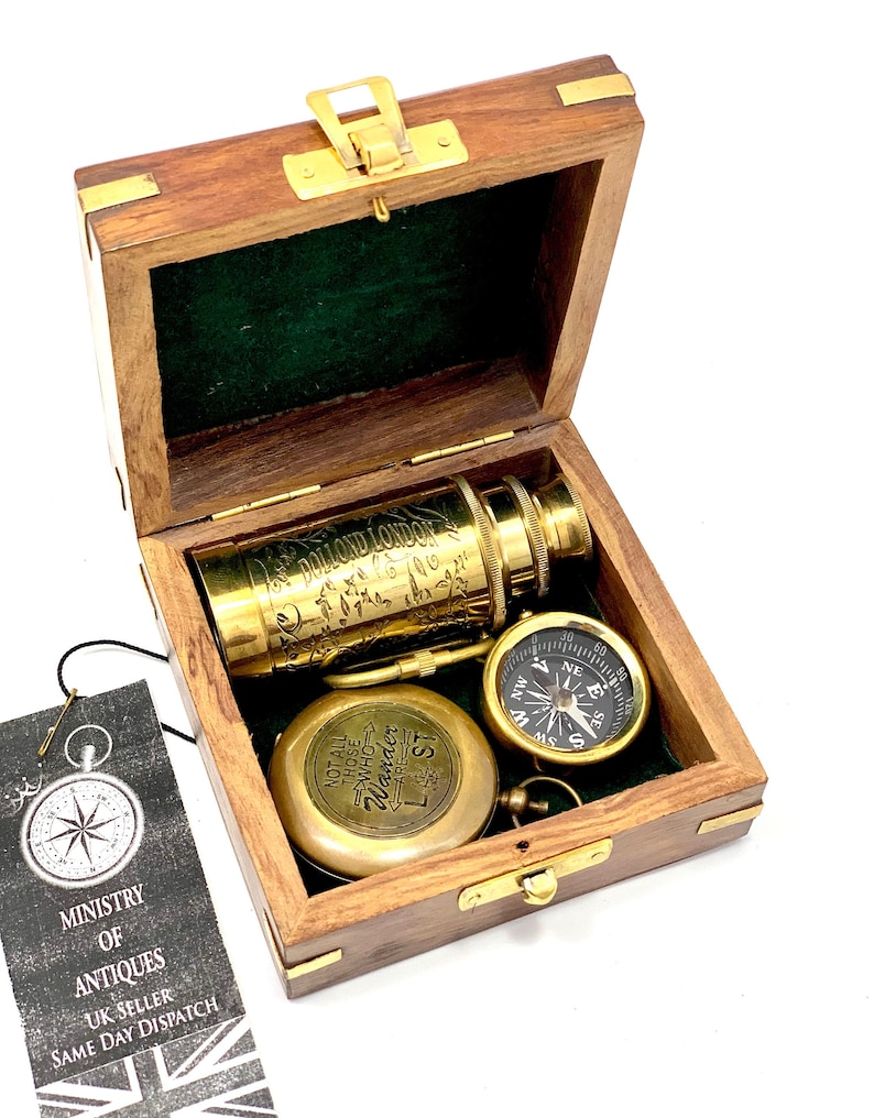 Antique Nautical Gift Set Brass Compass , Compass Key Ring and Engraved ...