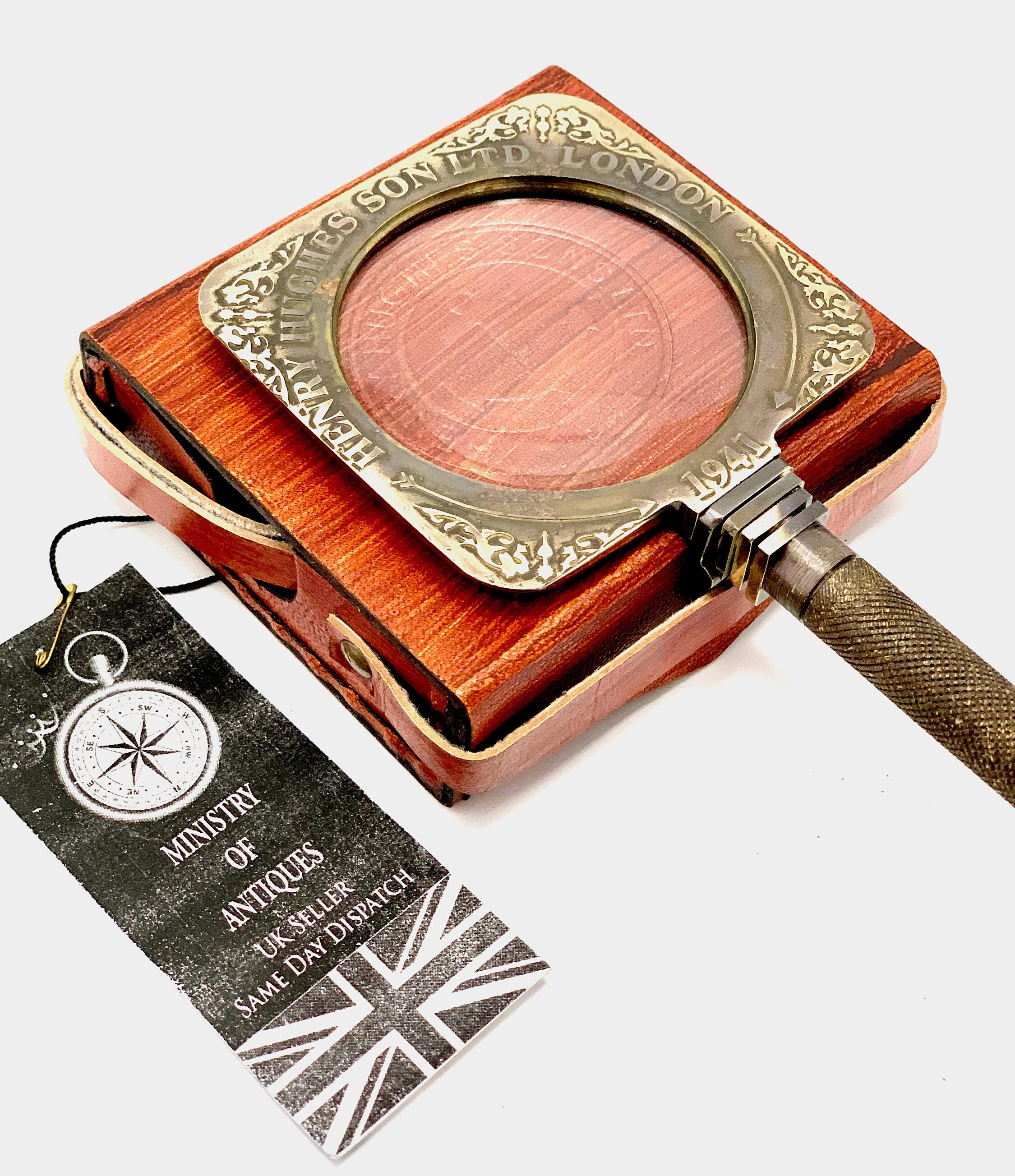 Antique Brass Henry Hughes & Sons Magnifying Glass Leather Case Table ...