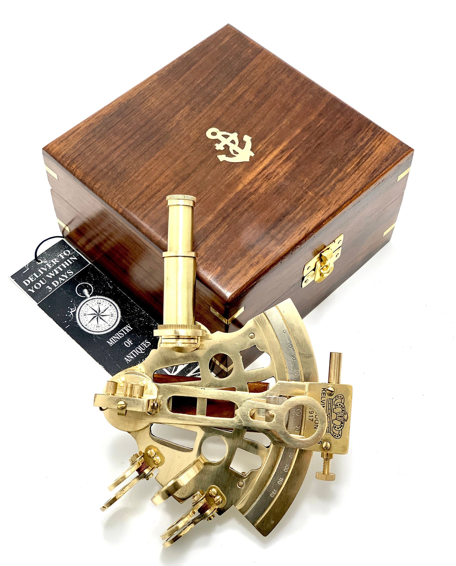 4.5" Inch Large Brass Sextant With Hardwood Box - Nautical Navigation ...