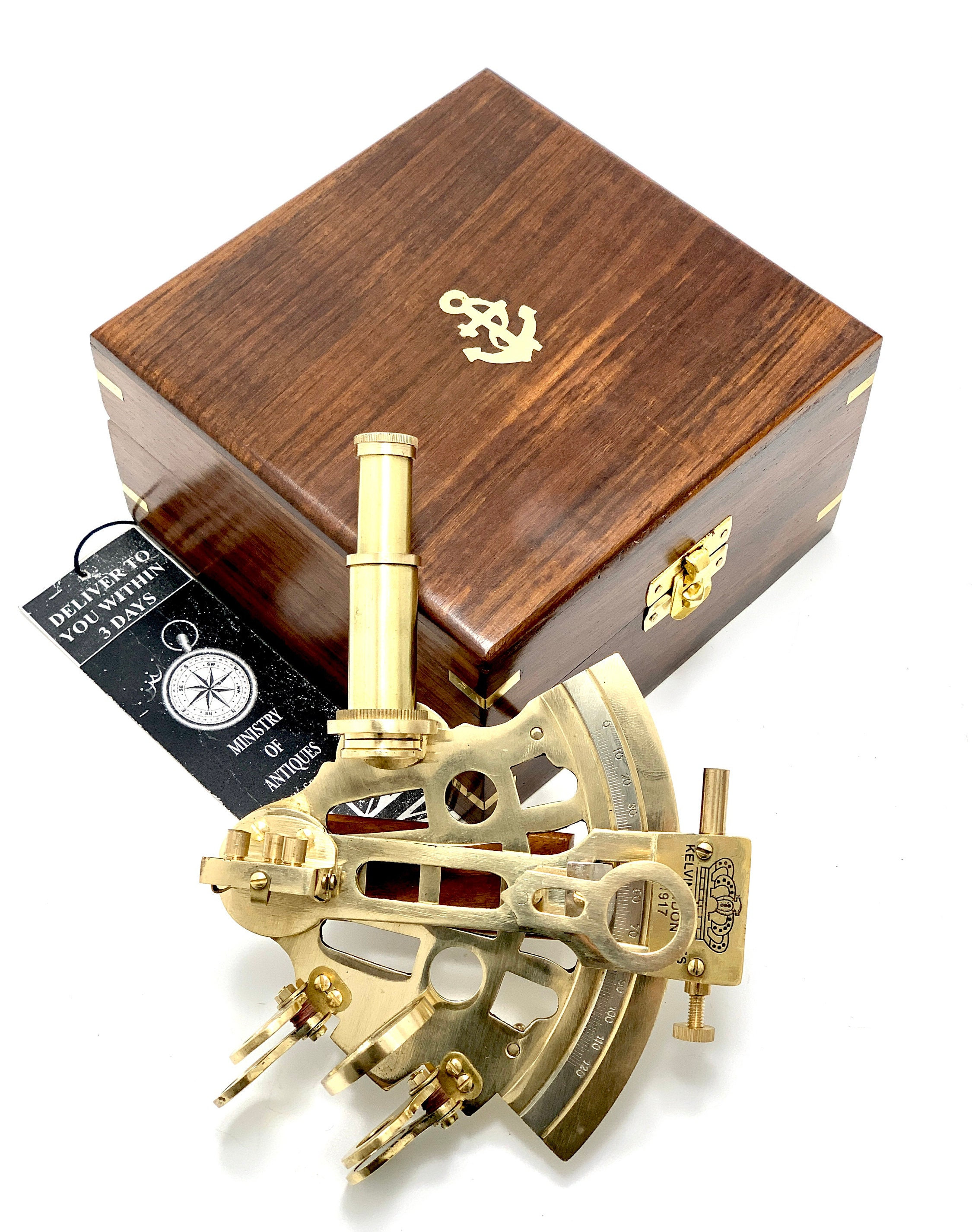 4.5" Inch Large Brass Sextant With Hardwood Box - Nautical Navigation ...