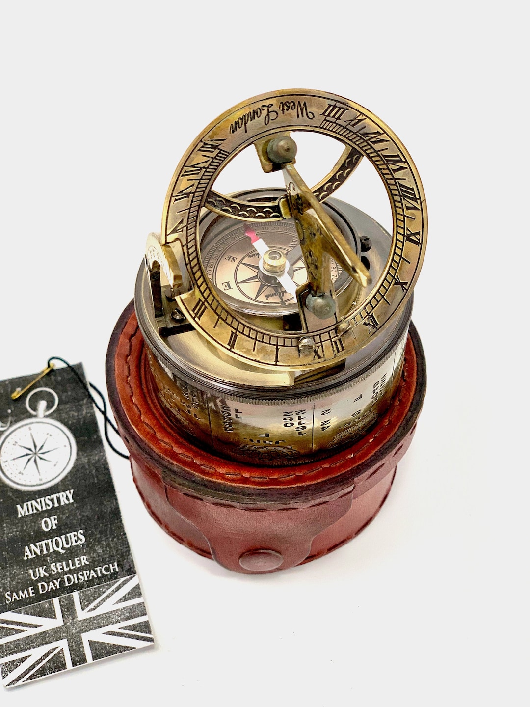 Sundial Calendar Pocket Compass With Leather Case Vintage Nautical ...