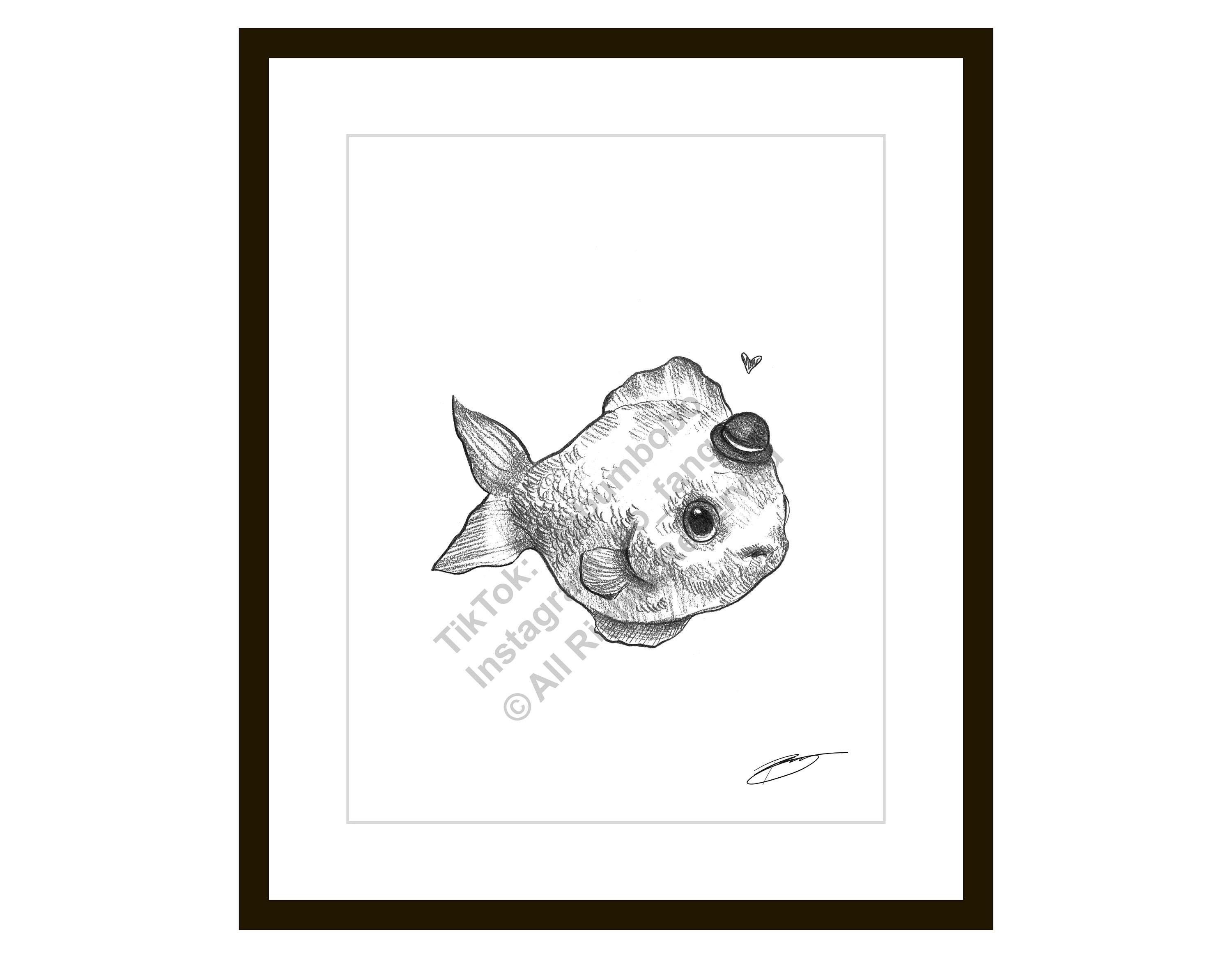 Fat Little Fish - Sketch Illustration - 8.5 X 11 Black and White Animal ...