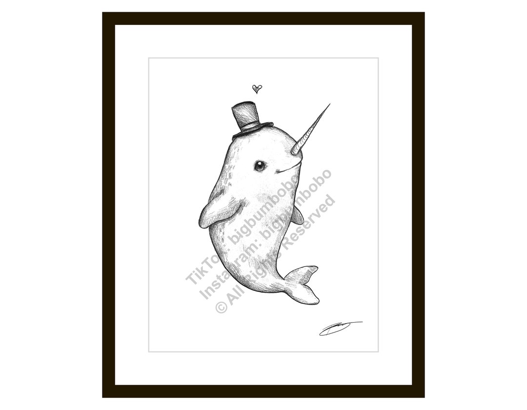 Fat Little Narwhal - Sketch Drawing Illustration - 8.5 X 11 Animal Art ...