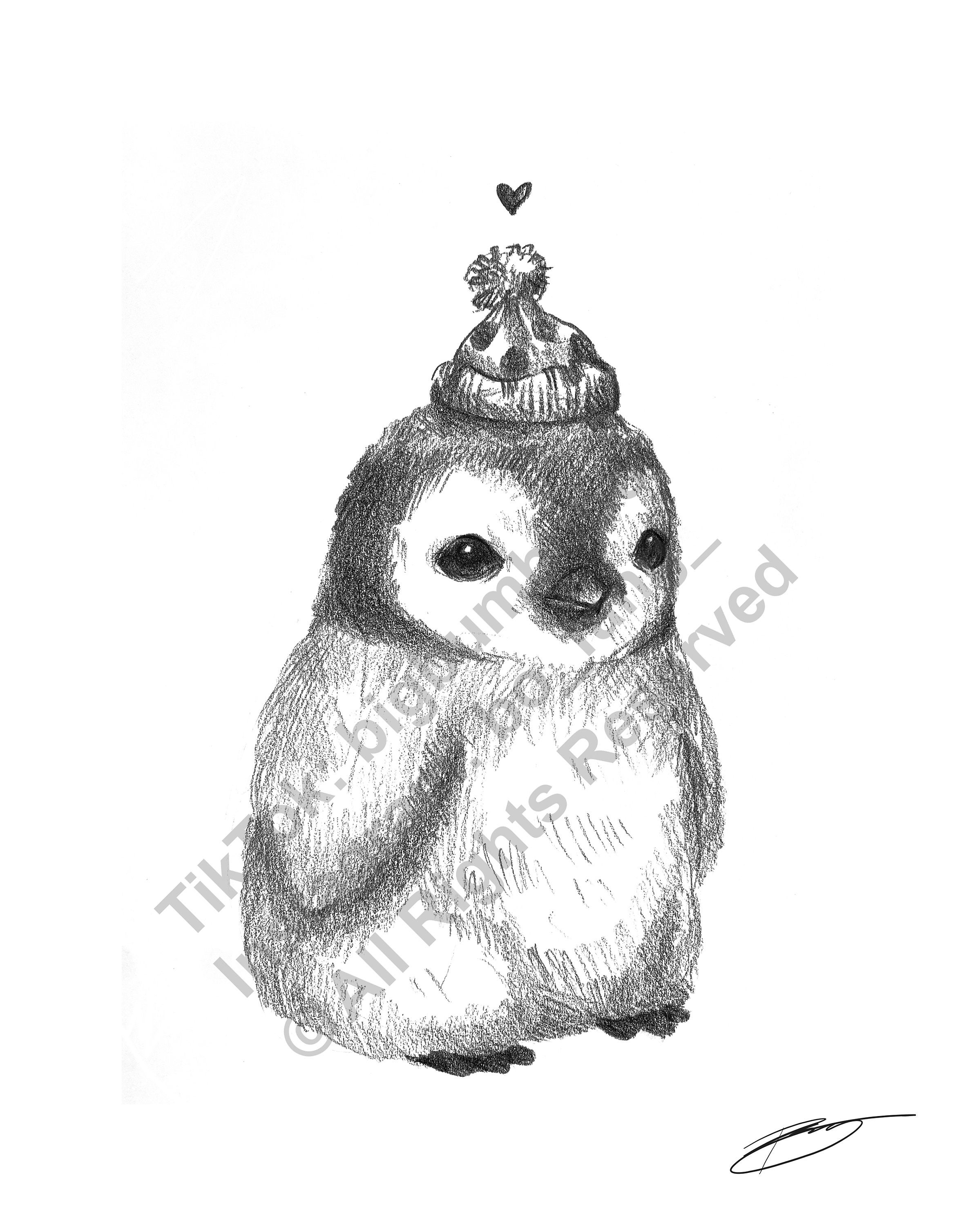 Fat Little Penguin - Sketch Illustration - 8.5 X 11 Black and White ...