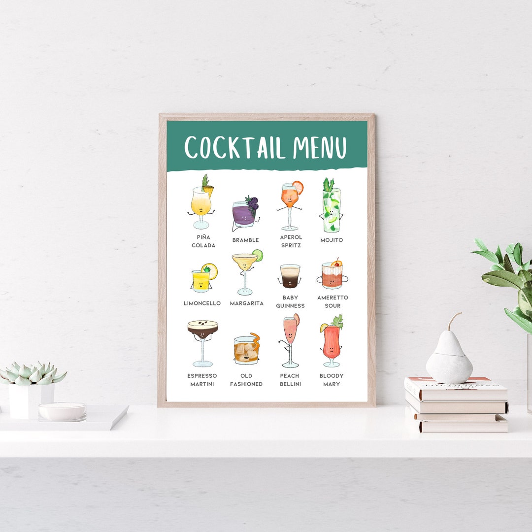 Cocktail Menu Poster: Illustrated Drinks, Home Bar Art (A3 A4) - Etsy