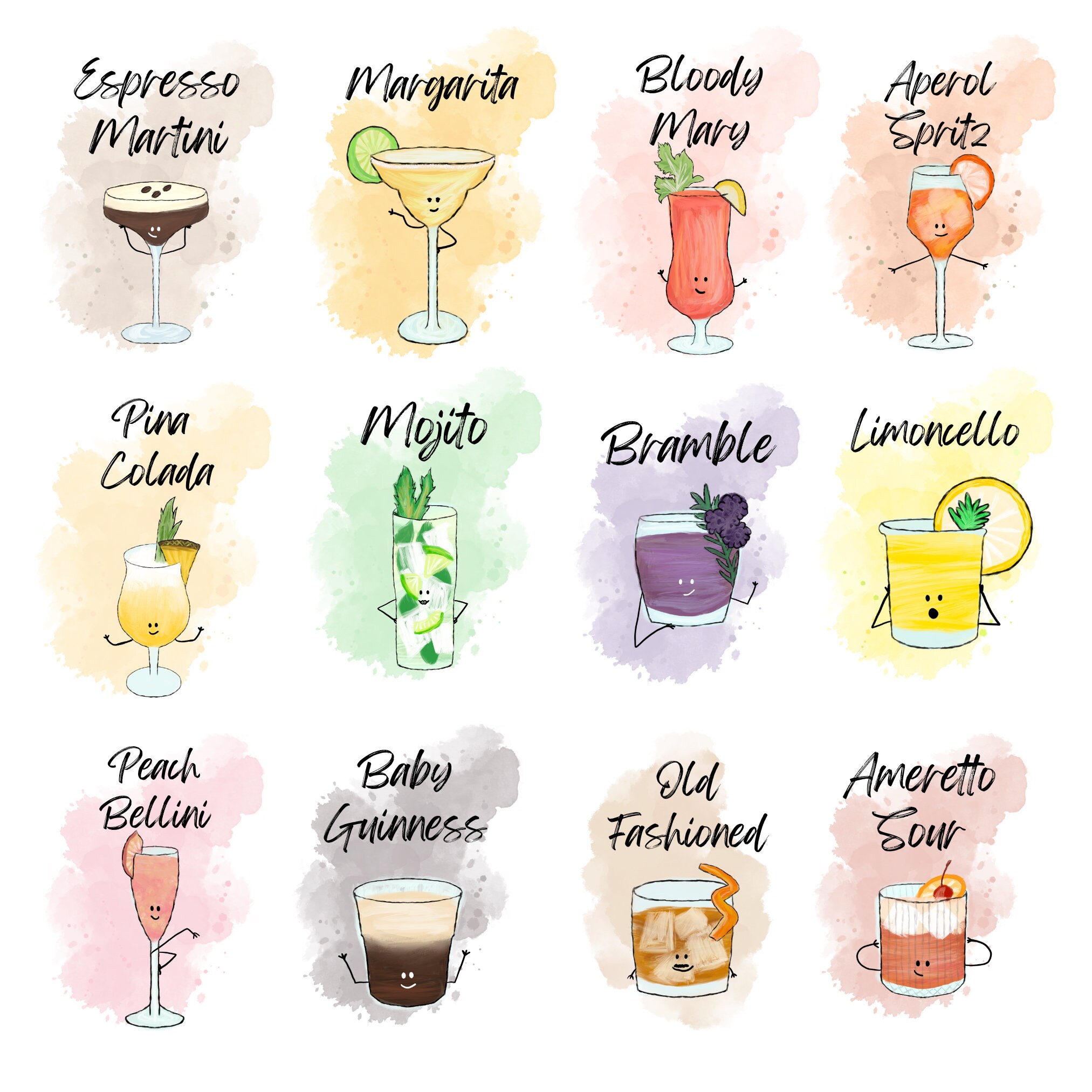 Pack of 12 Cocktail Posters Smiley Drinks Illustrated Wedding Table ...