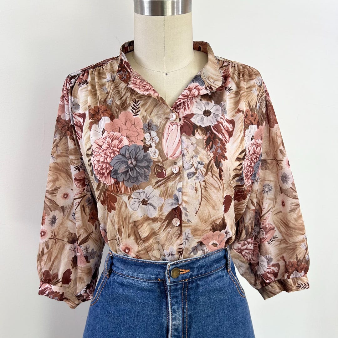 Gorgeous Vintage Earth Tone Semi-sheer Floral Print Button up Blouse - Etsy