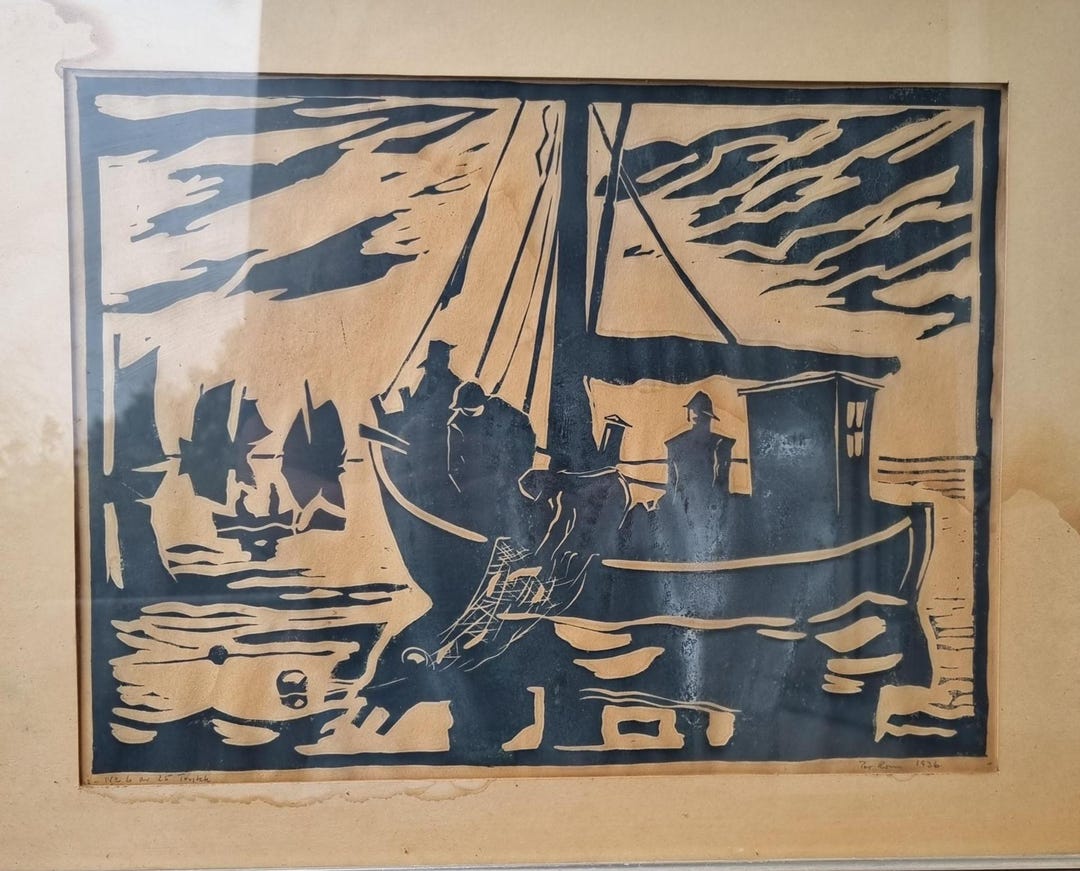 Vintage 1936 Linocut Print by per Rom Norwegian Harbor Scene - Etsy
