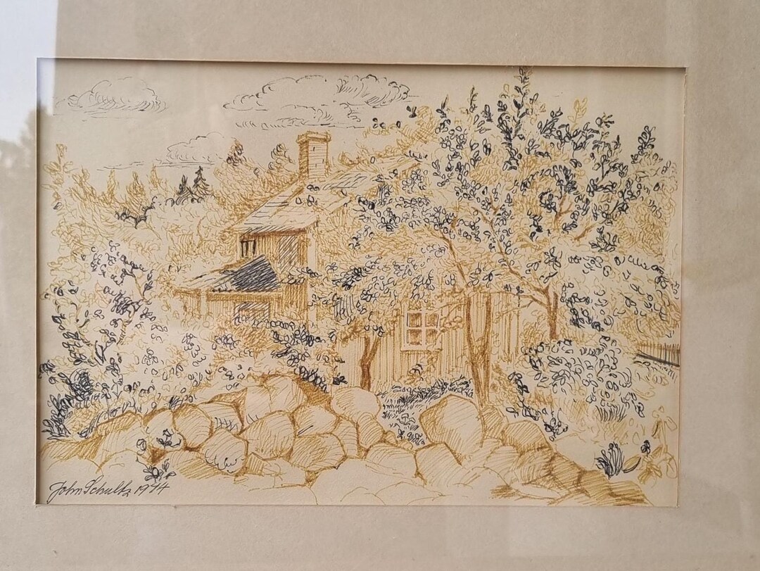 Vintage Pen Ink Drawing by John Schultz, 1944 Cottage in Spring - Etsy