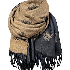 Luxury BEE SCARF BLACK Beige Scarf Bumble Bees Print Reversible Super ...