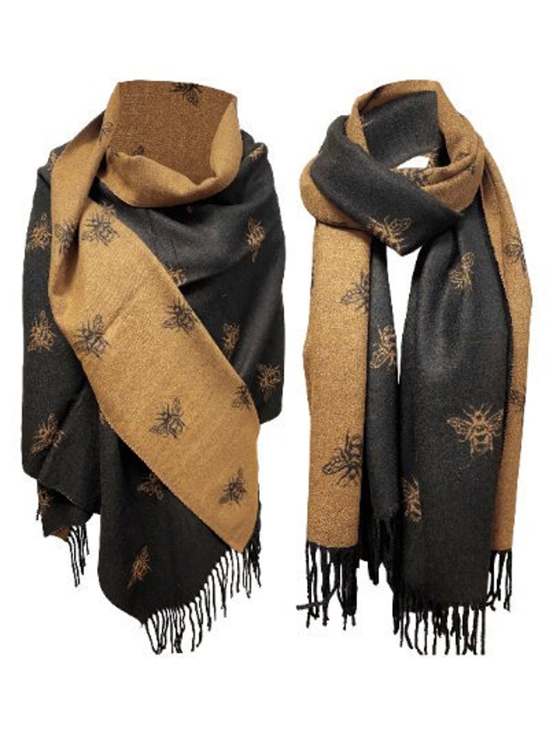 Luxury BEE SCARF BLACK Beige Scarf Bumble Bees Print Reversible Super ...