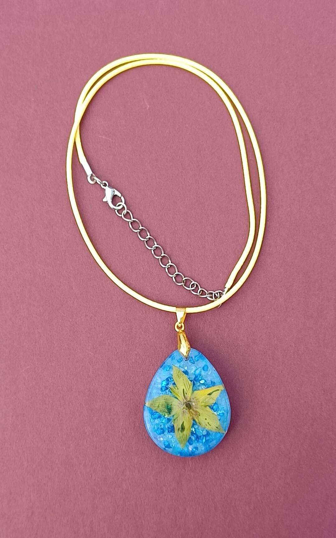 Blue and Yellow Loosestrife Flower Resin Necklace, Resin Necklace, Real ...