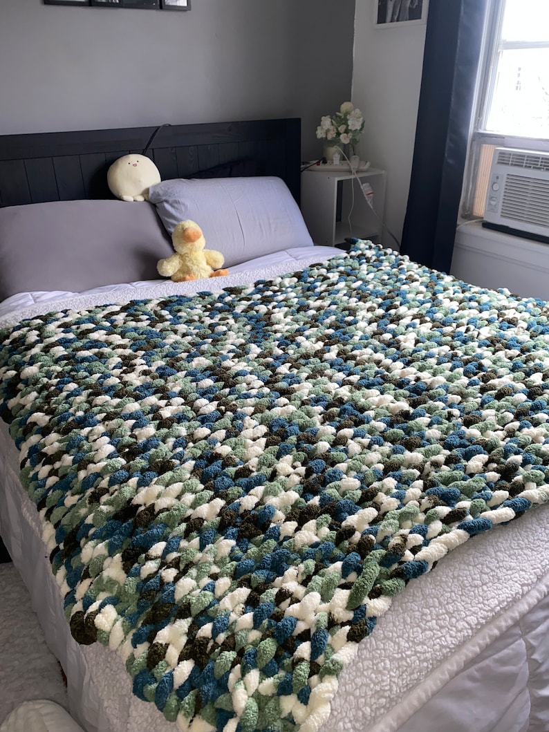 Handmade Cozy Chunky Chenille Crochet Knit Blanket Blue, Green, Brown ...