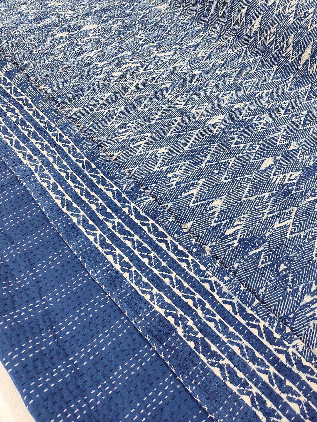 Handblock Print Cotton Quilt, Indigo Blue Kantha Bedspread, Indian ...