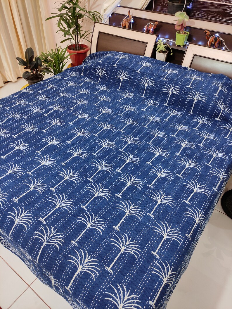 Handmade Palm Tree Kantha Quilt, Block Print Cotton Bedspread, 2 Layer ...